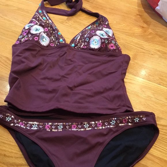 Swim | Tankini Set Embellished Top And Embroidery Plum | Poshmark